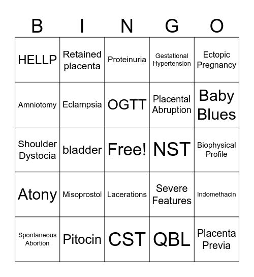 OB Complications Bingo Card OB Complications Bingo Card