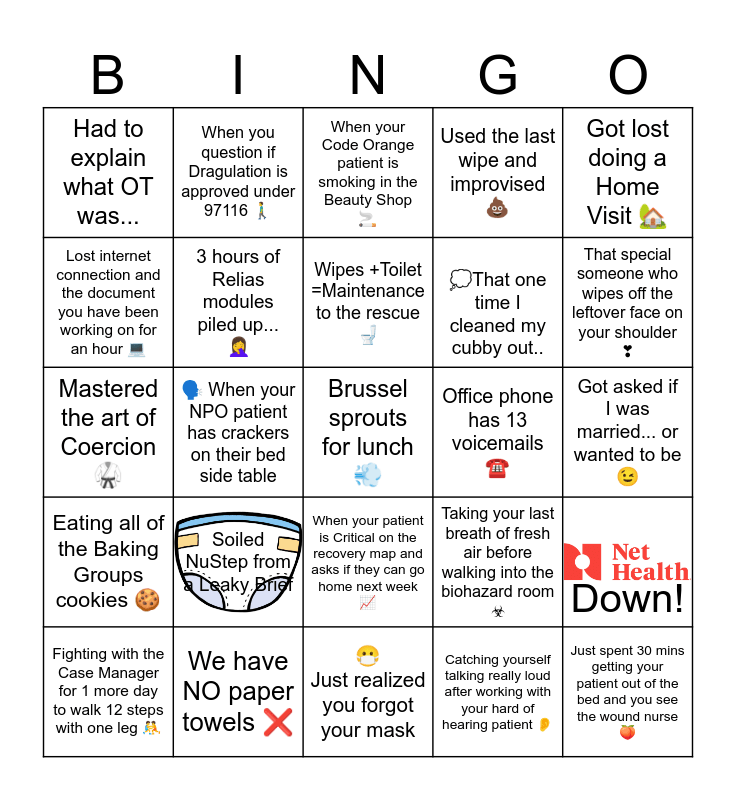 Rehab Week Bingo Card