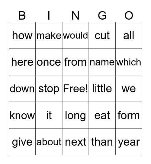 High Frequency Words Bingo Card