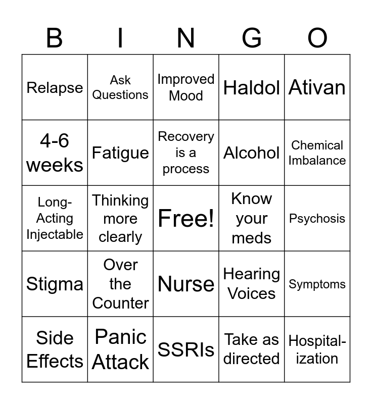 Medication Education Bingo Card