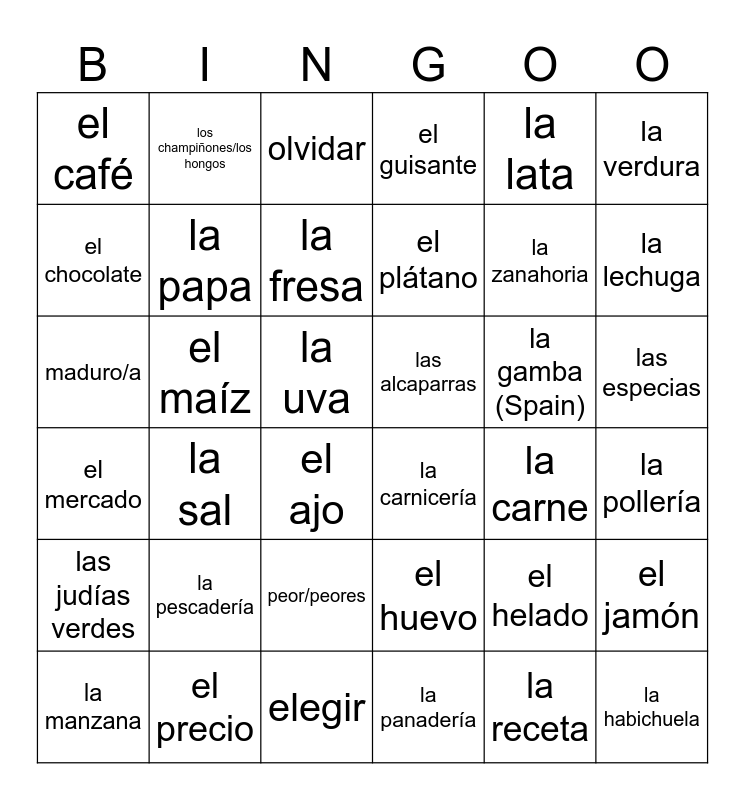 La comida (Unidad 8B, Qué Chévere) Bingo Card