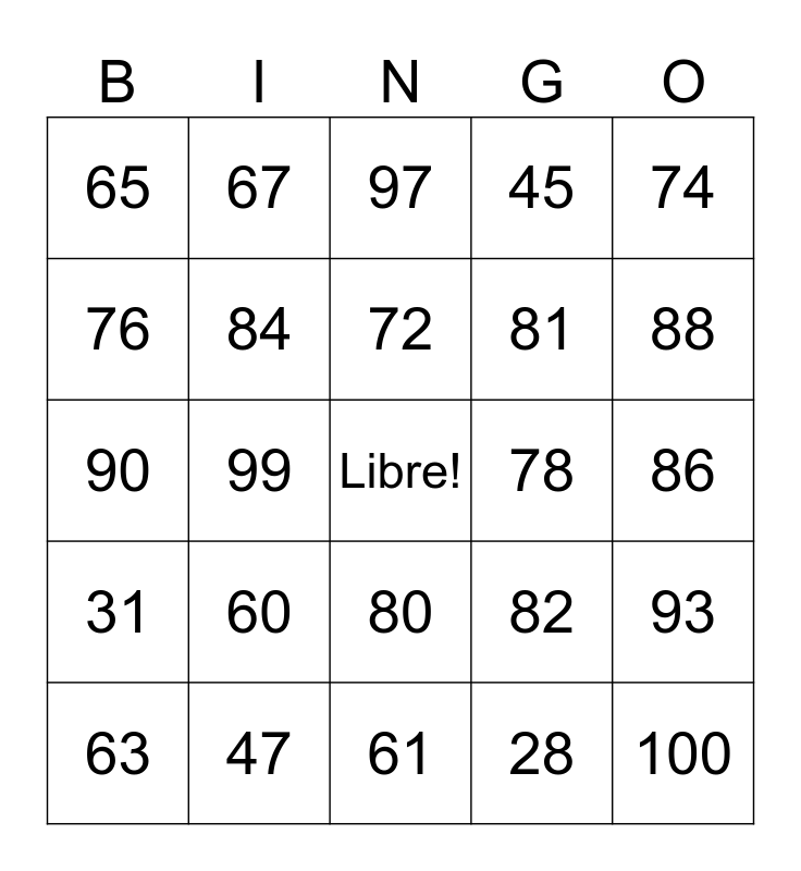 Les Nombres 60-100 Bingo Card