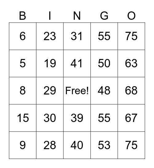 Traditional Number Bingo Card
