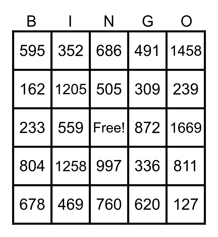 missing number Bingo Card