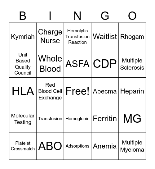 Blood Bank Bingo Card