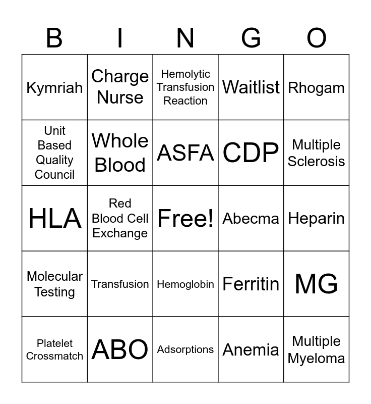 Blood Bank Bingo Card