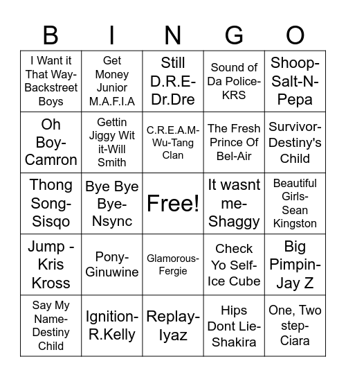 90's Hip hop/ Pop Bingo Card