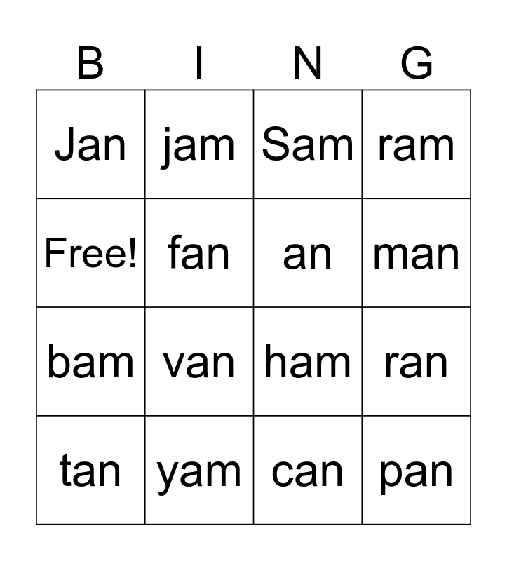 An and Am Bingo Card