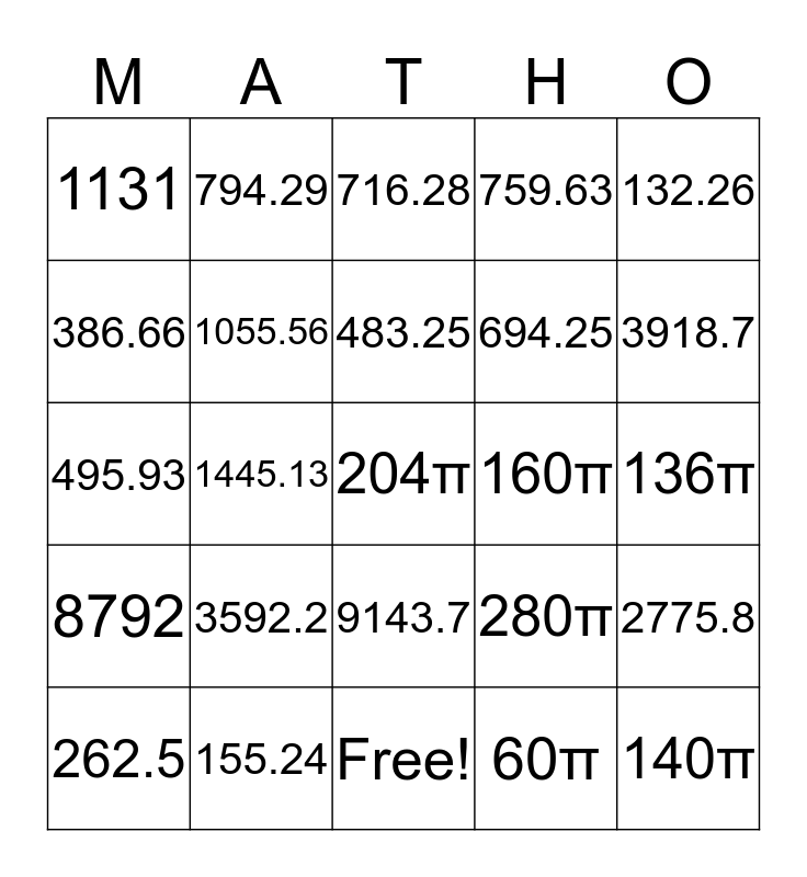 Surface Area of a Cylinder MATHO Bingo Card