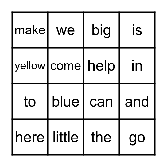 pre-primer sight words Bingo Card