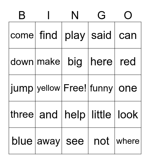 Dolch Sight Words PK Bingo Card