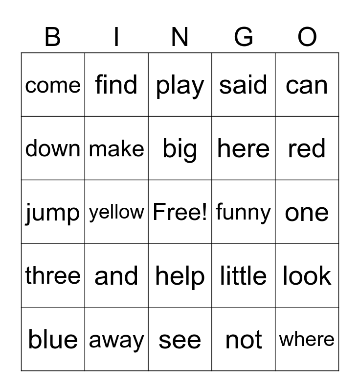 Dolch Sight Words PK Bingo Card