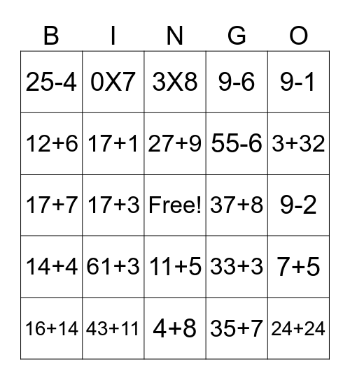 Math Mania Bingo Card
