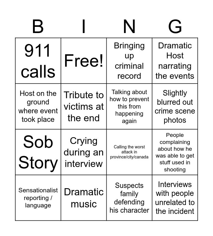 True Crime Bingo Card