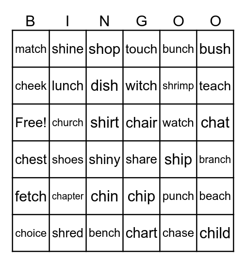 ch,tch,sh Bingo Card