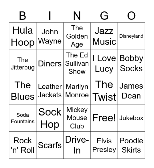 Fabulous 50's Bingo Card