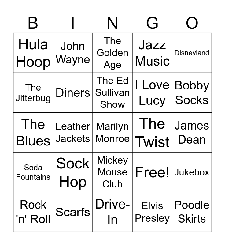 Fabulous 50's Bingo Card