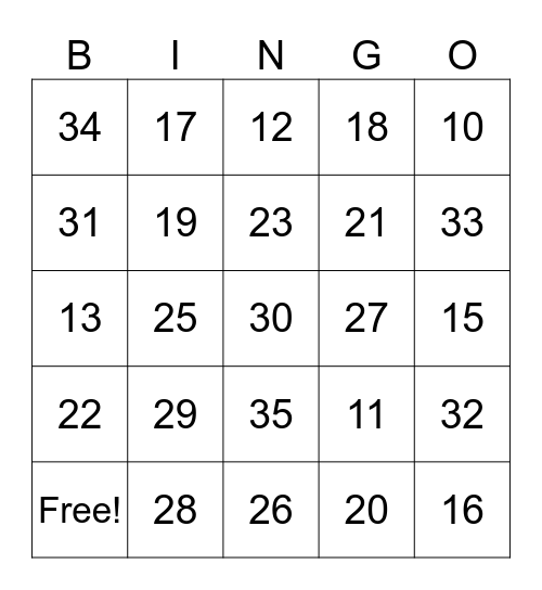 Number Identification BINGO Card