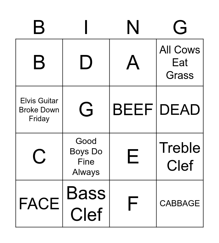 Note Names Bingo Card
