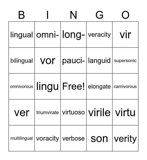 Latin Roots 2 Bingo Card