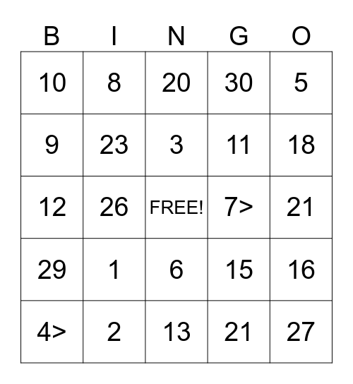 numbers 1 - 30 Bingo Card