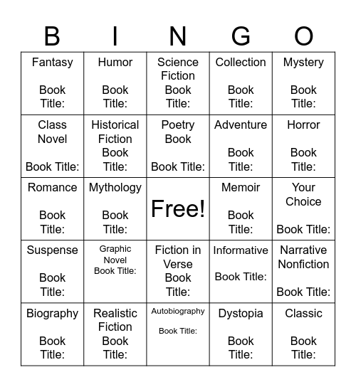 Book Genre Bingo Card Book Genre Bingo Card