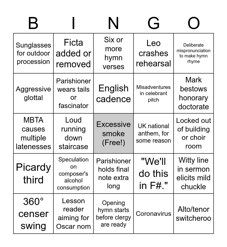 Advent Choir Bingo Card