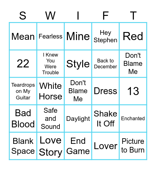 Taylor Swift Bingo Card