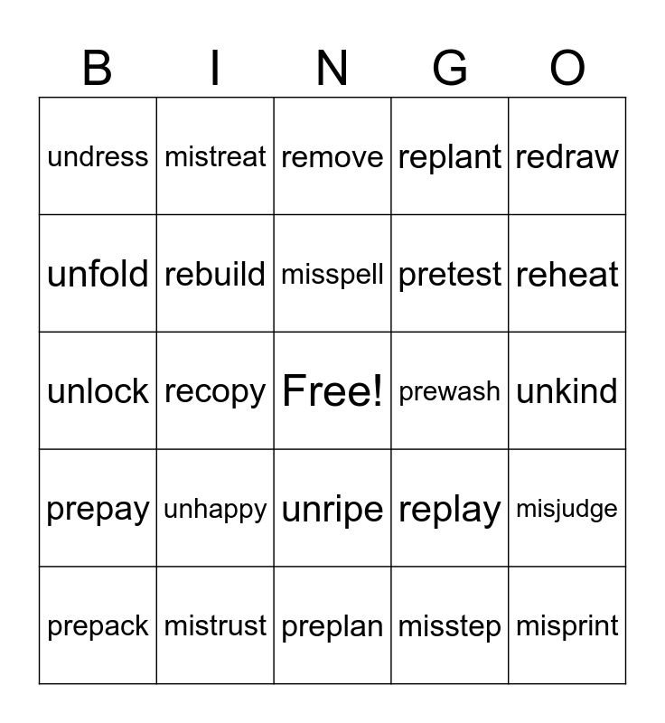 Prefix Bingo Card