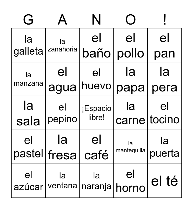 Spanish 1 Unit 2 Vocab Bingo Card