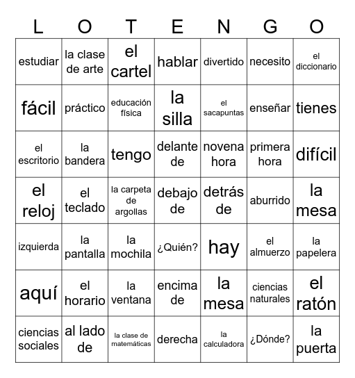 Tema 2 Vocabulario Bingo Card