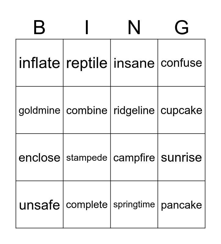 Two Syllable - Magic E Bingo Card