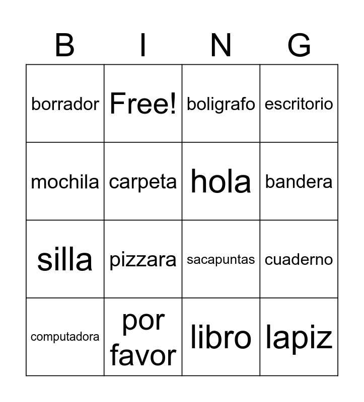 Classroom Objects Bingo Card