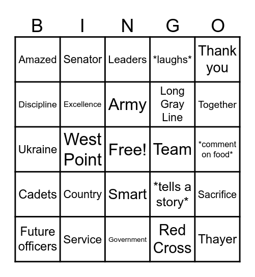 Thayer Dinner Bingo Card