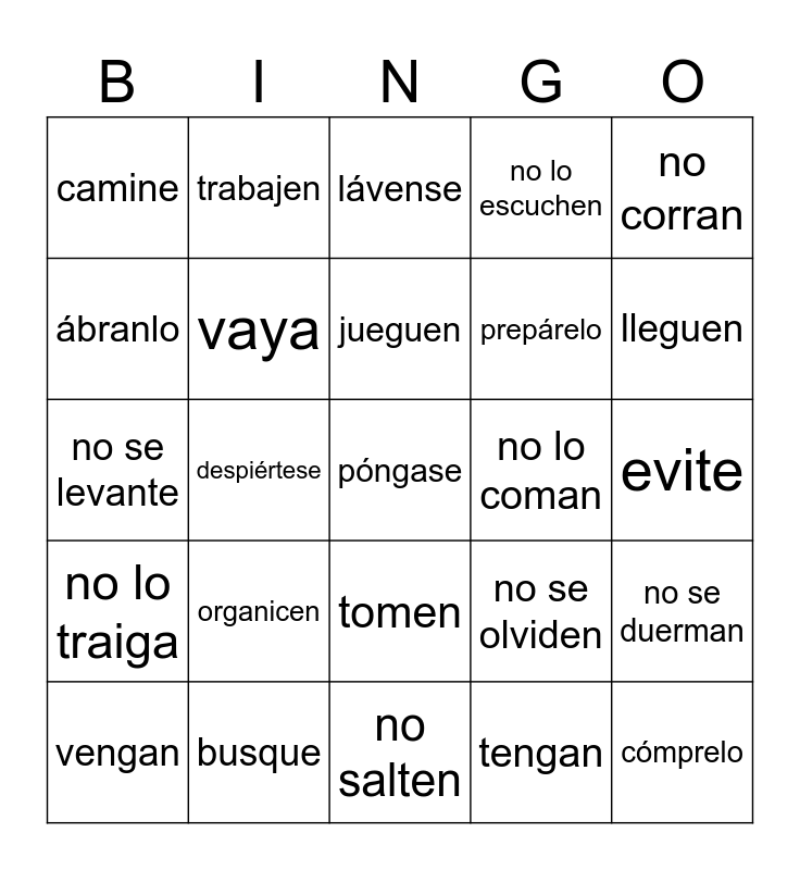 Spanish 4 - Ud. / Uds. commands Bingo Card
