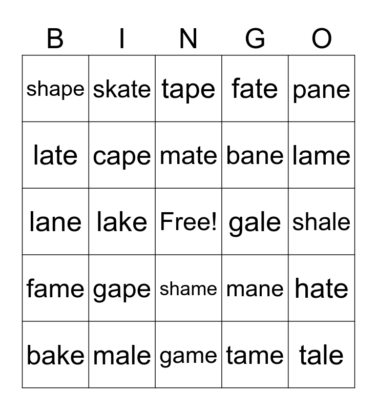 Long a VCe Bingo Card