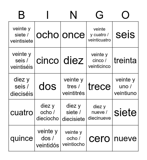 Spanish Numbers 0-30 Bingo Card