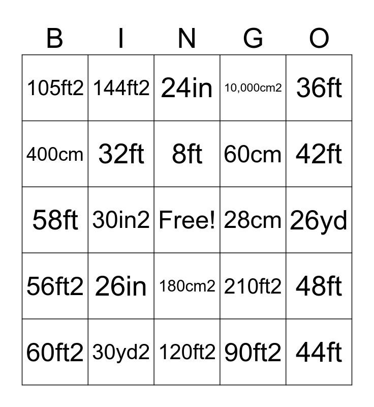 Area and Perimeter BINGO105 Bingo Card