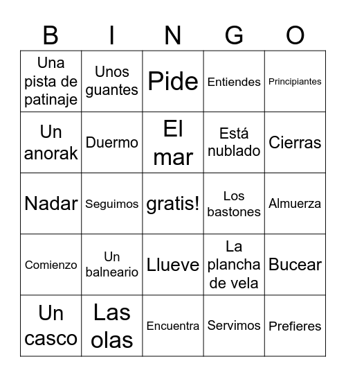 Español 2- Vocabulario y el presente Bingo Card