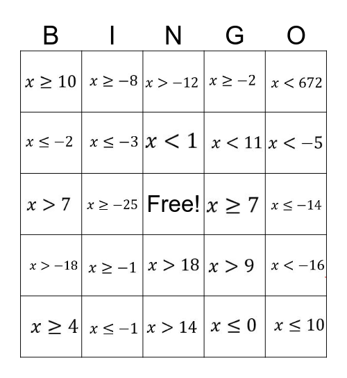 3.2 One Step Inequalities Bingo Card