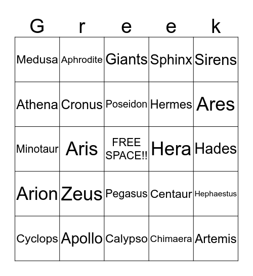 Greek Mythology Bingo Card