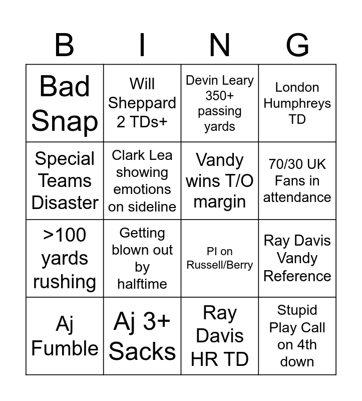 Kentucky Game Misery Bingo Card