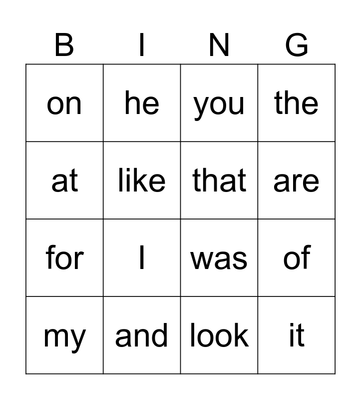 Sight word bingo Card