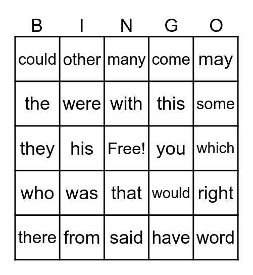 Sight Words Bingo Card