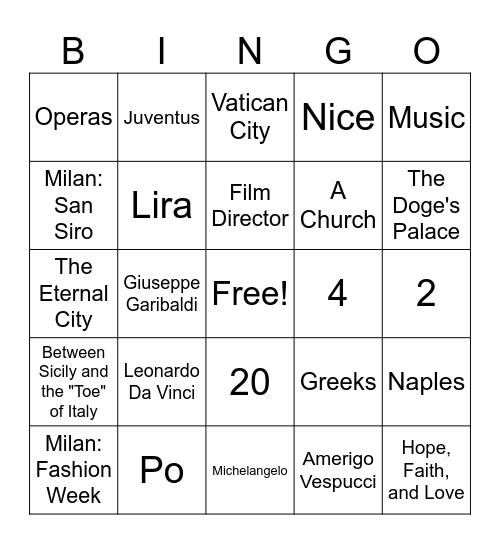 Italian Club Bingo Card