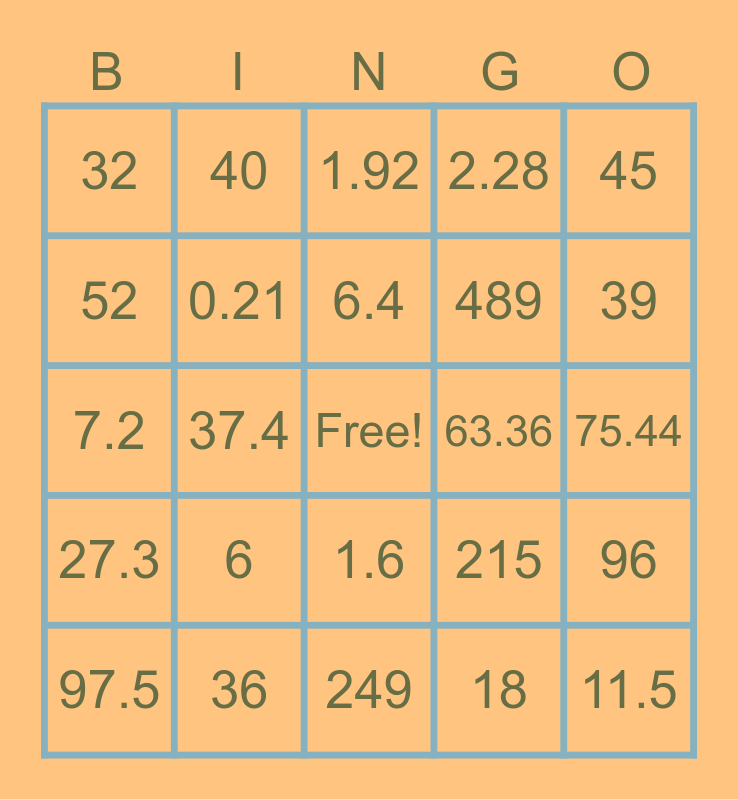 Percent of a Number Bingo Card
