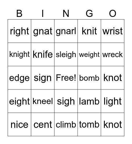 Low Frequency vowel/consonant spelling Bingo Card
