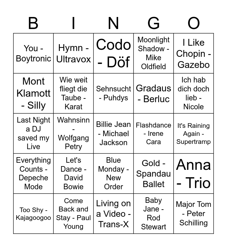 Musikbingo Charts 1983 Bingo Card