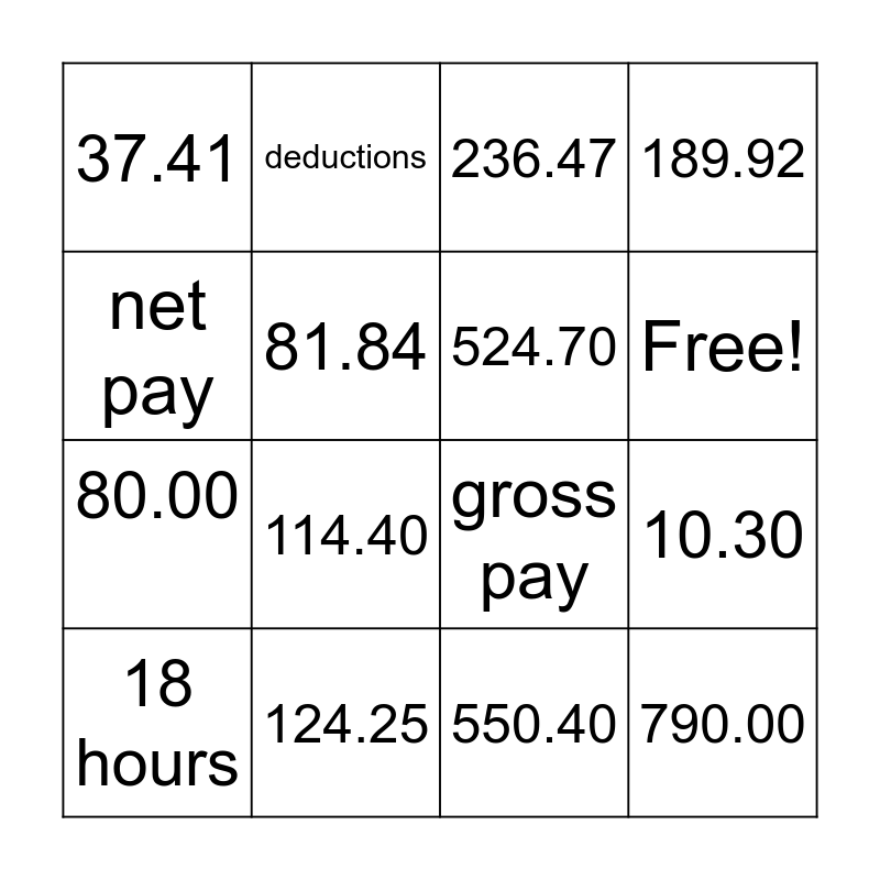 Calculating pay Bingo Card