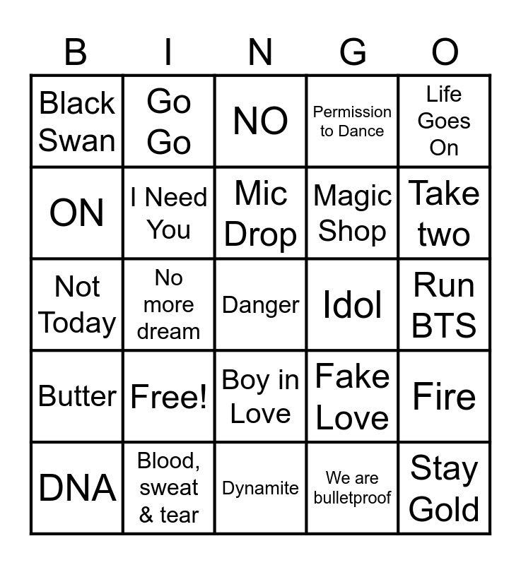 BTS Bingo Card